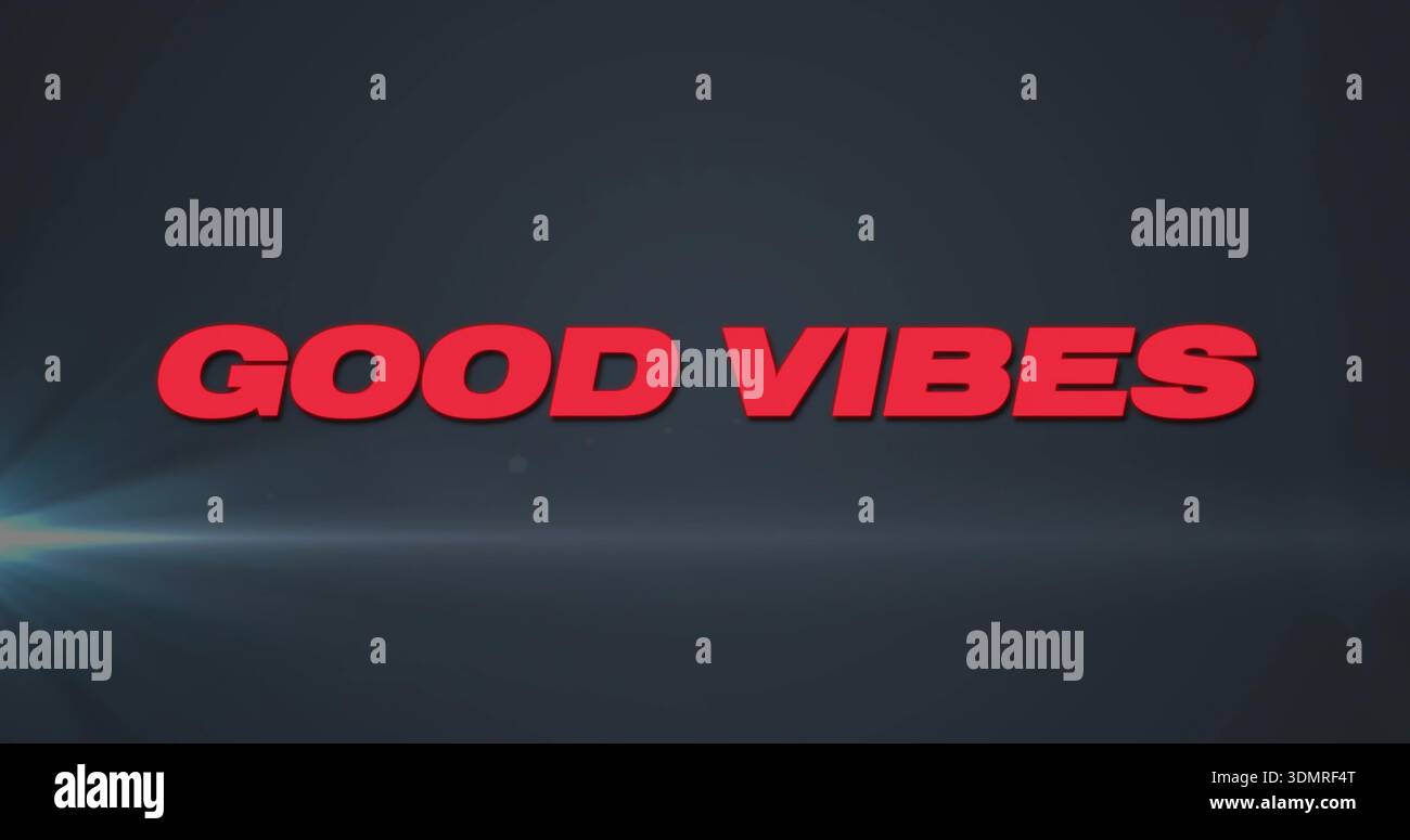 Displaying bold red 3D text GOOD VIBES on dark blue-gray gradient, with ...