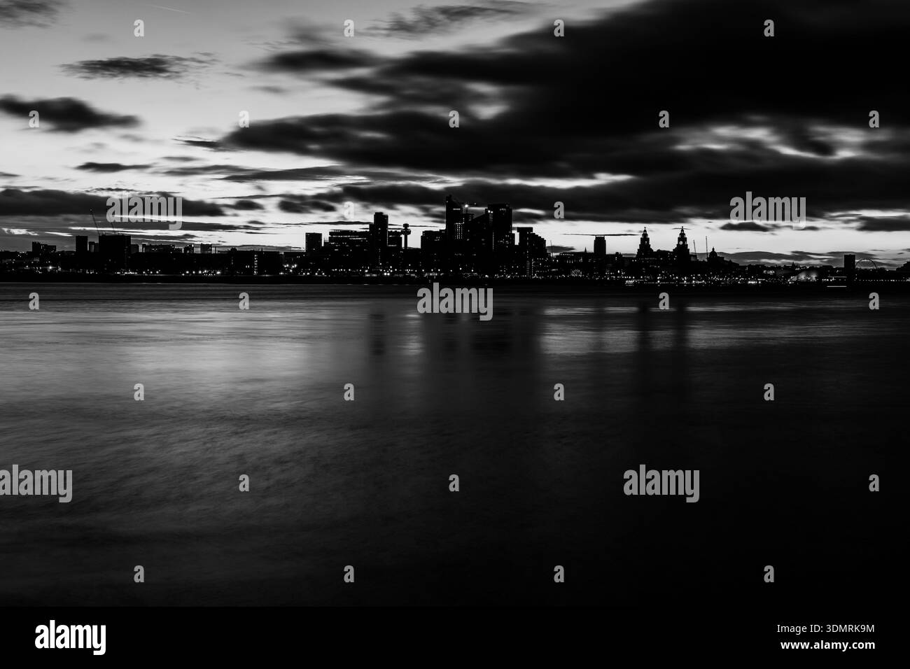Black and white silhouette of the Liverpool city skyline across the ...