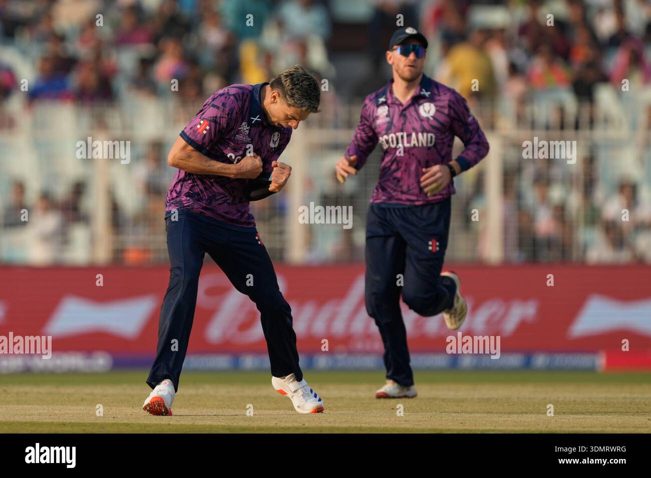Scotland's Bradley Currie celebrates the wicket of West Indies' Rovman ...