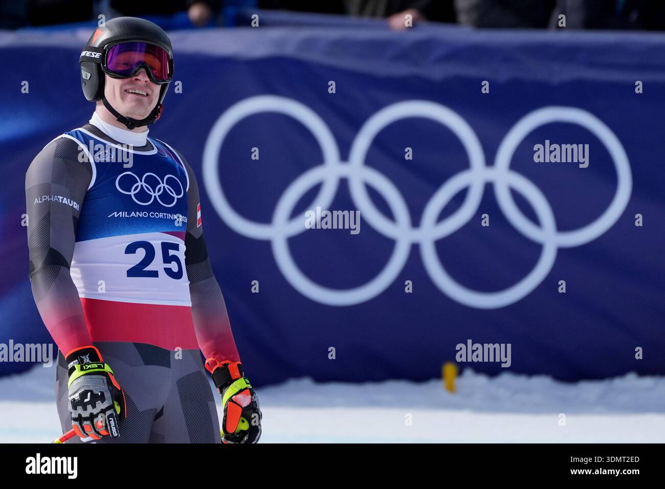 Austria's Stefan Babinsky reacts at the finish area of an alpine ski ...