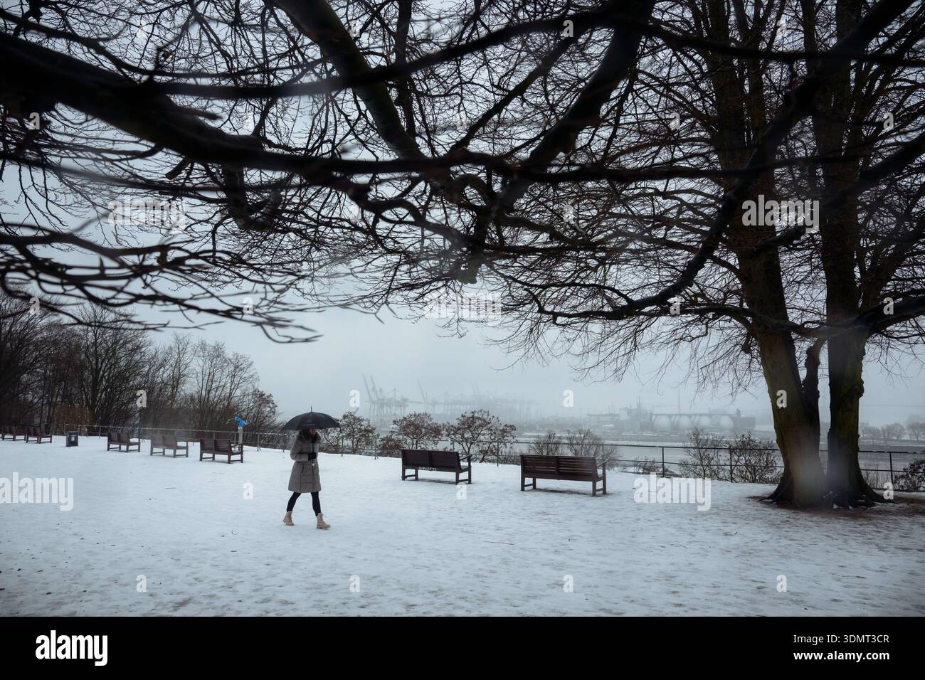 07 February 2026, Hamburg: A walker crosses the snow-covered Altona ...