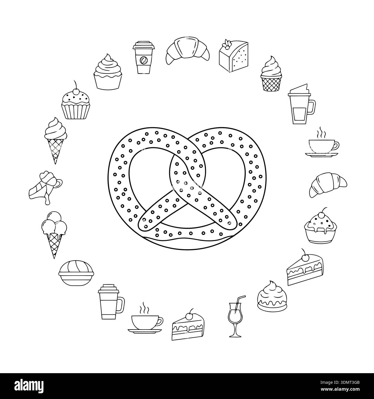 Black and white outline icons of baked goods and drinks including ...