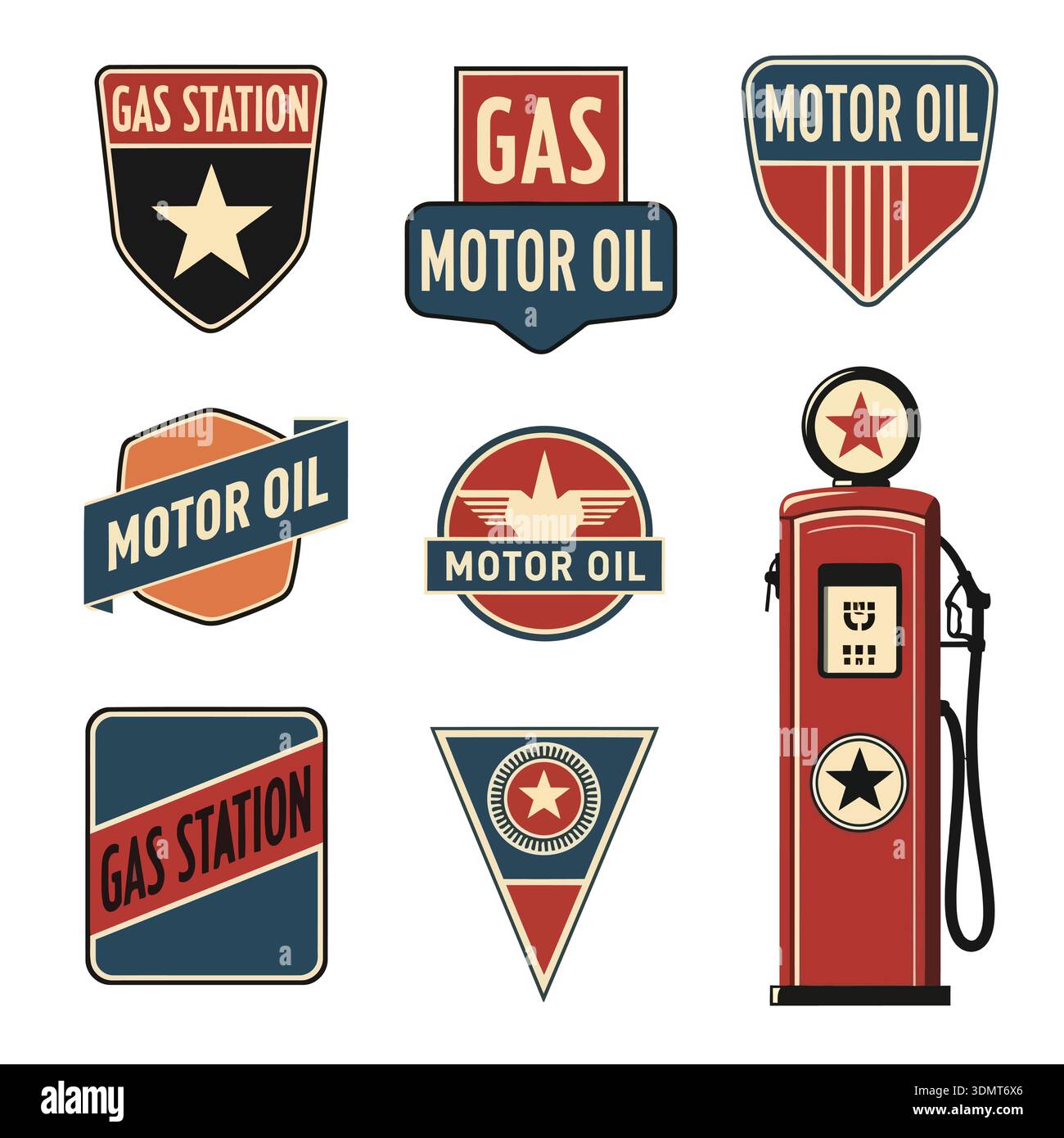 Collection of retro gas station and motor oil emblems and logos with a ...