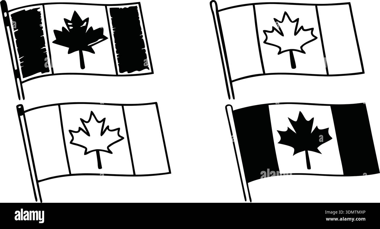 This image features four hand drawn Canadian flags in black and white ...