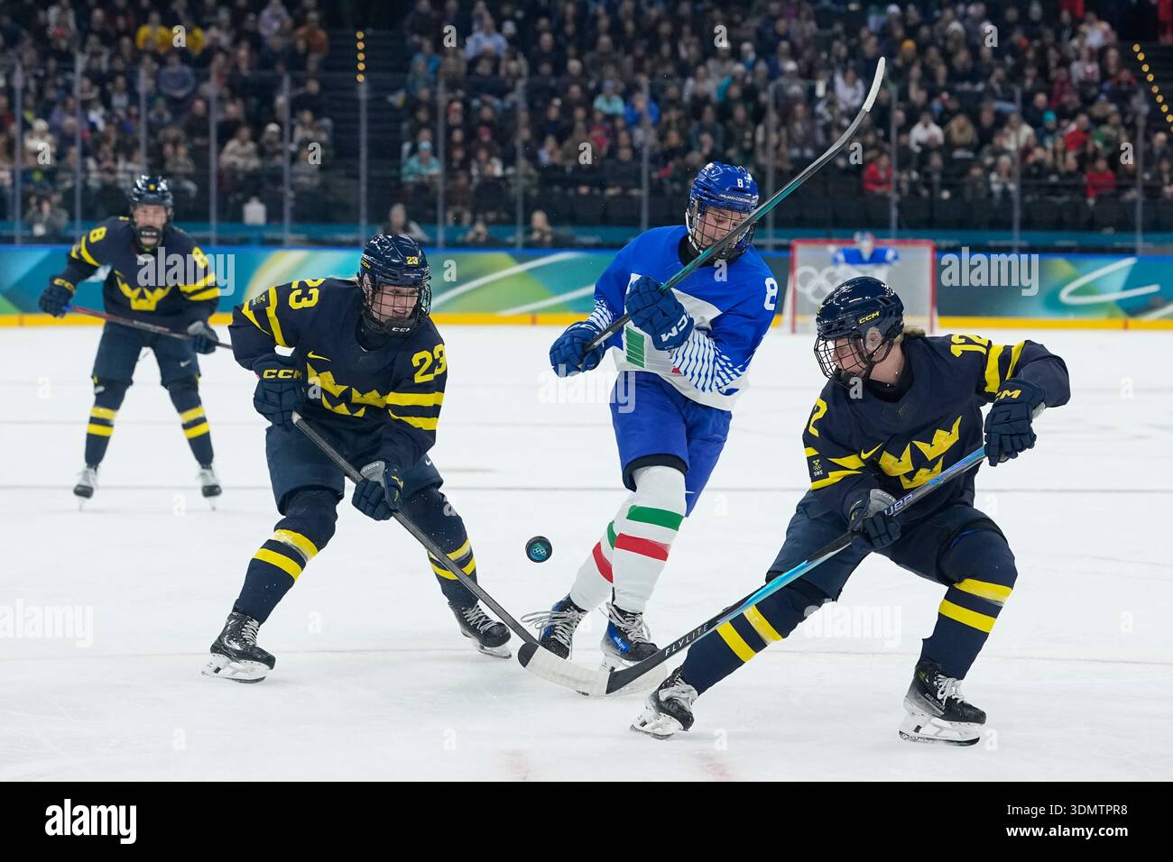 Italy's Anna Caumo, center, challenges Sweden's Thea Johansson, left ...