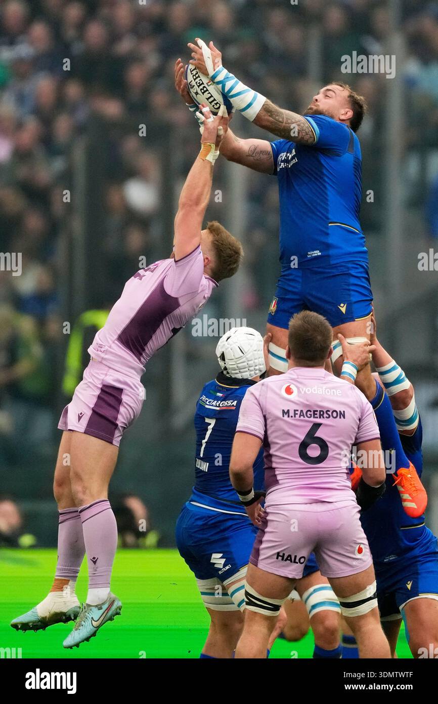 Italy's Niccolò Cannone, right, and Scotland's Kyle Steynd stretch for ...