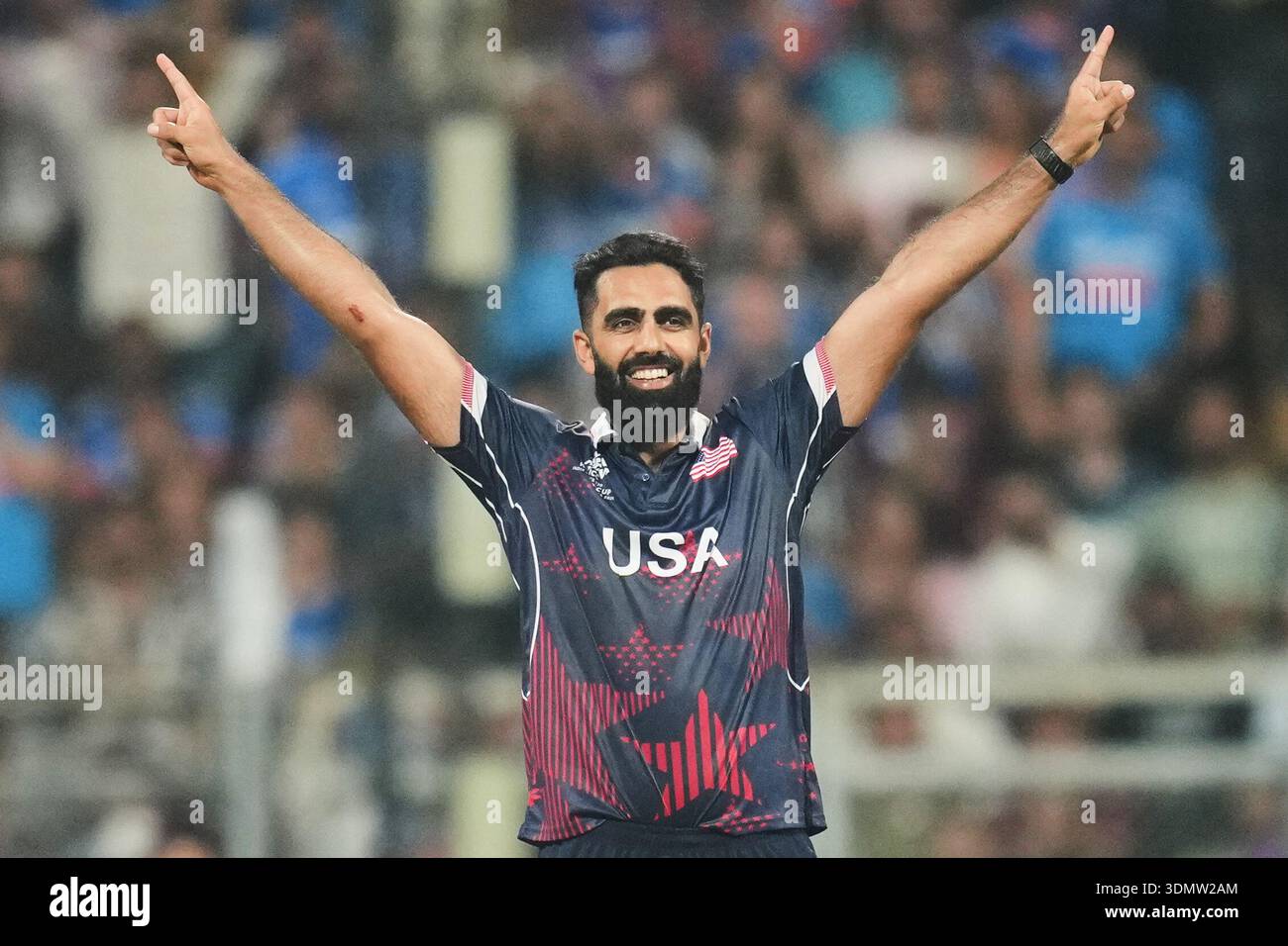 United States' Mohammad Mohsin celebrates the wicket of India's Rinku ...