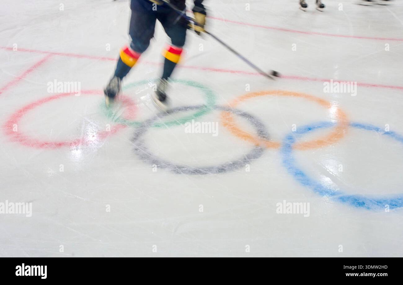 Olympic rings at the preliminary women Ice Hockey match Group B Germany ...