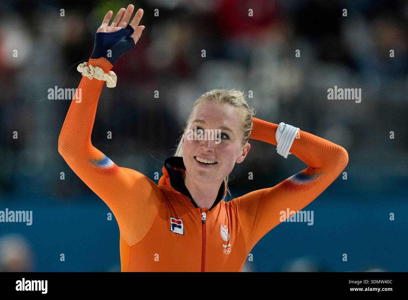 Merel Conijn of the Netherlands greets fans after competing in the ...
