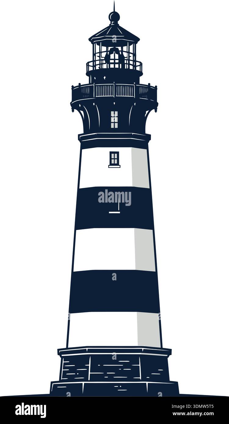 This is a black and white illustration of a tall lighthouse with black ...