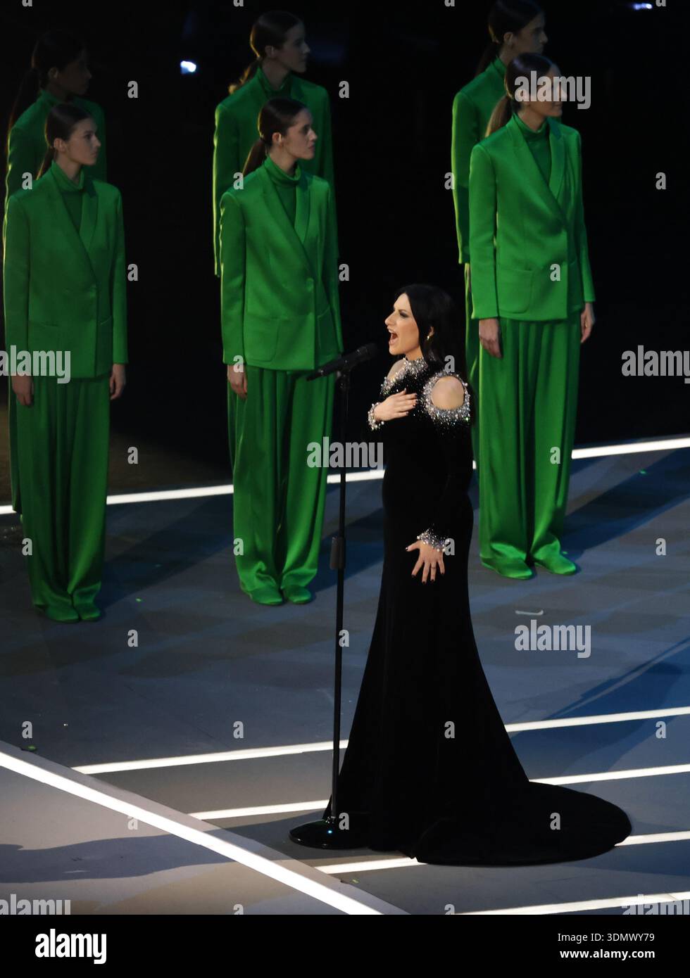 Singer Laura Pausini sings the National Anthem of Italy during the ...