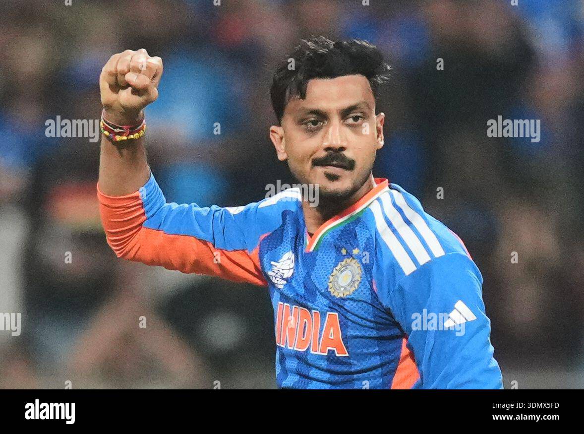 India's Axar Patel celebrates the wicket of United States' Sanjay ...