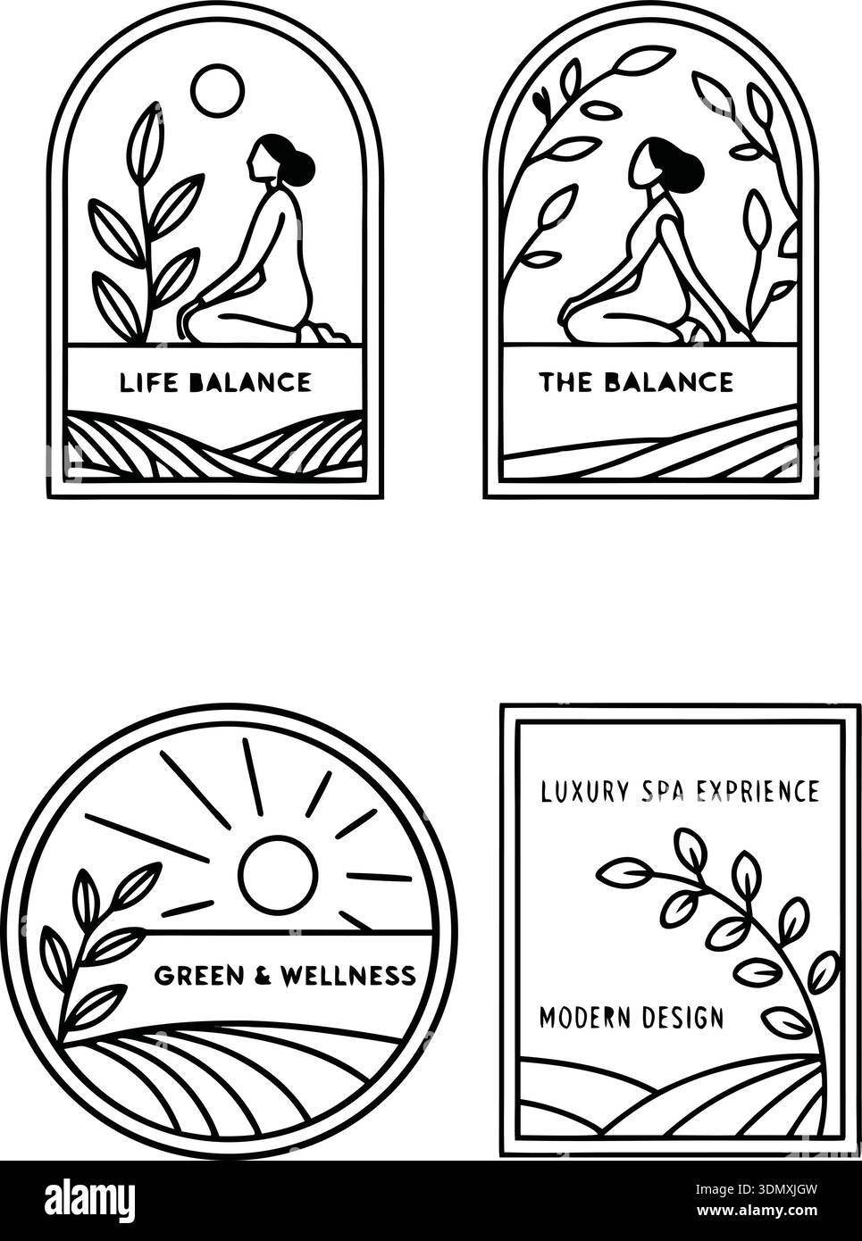 Collection of simple black and white line art logos with nature ...