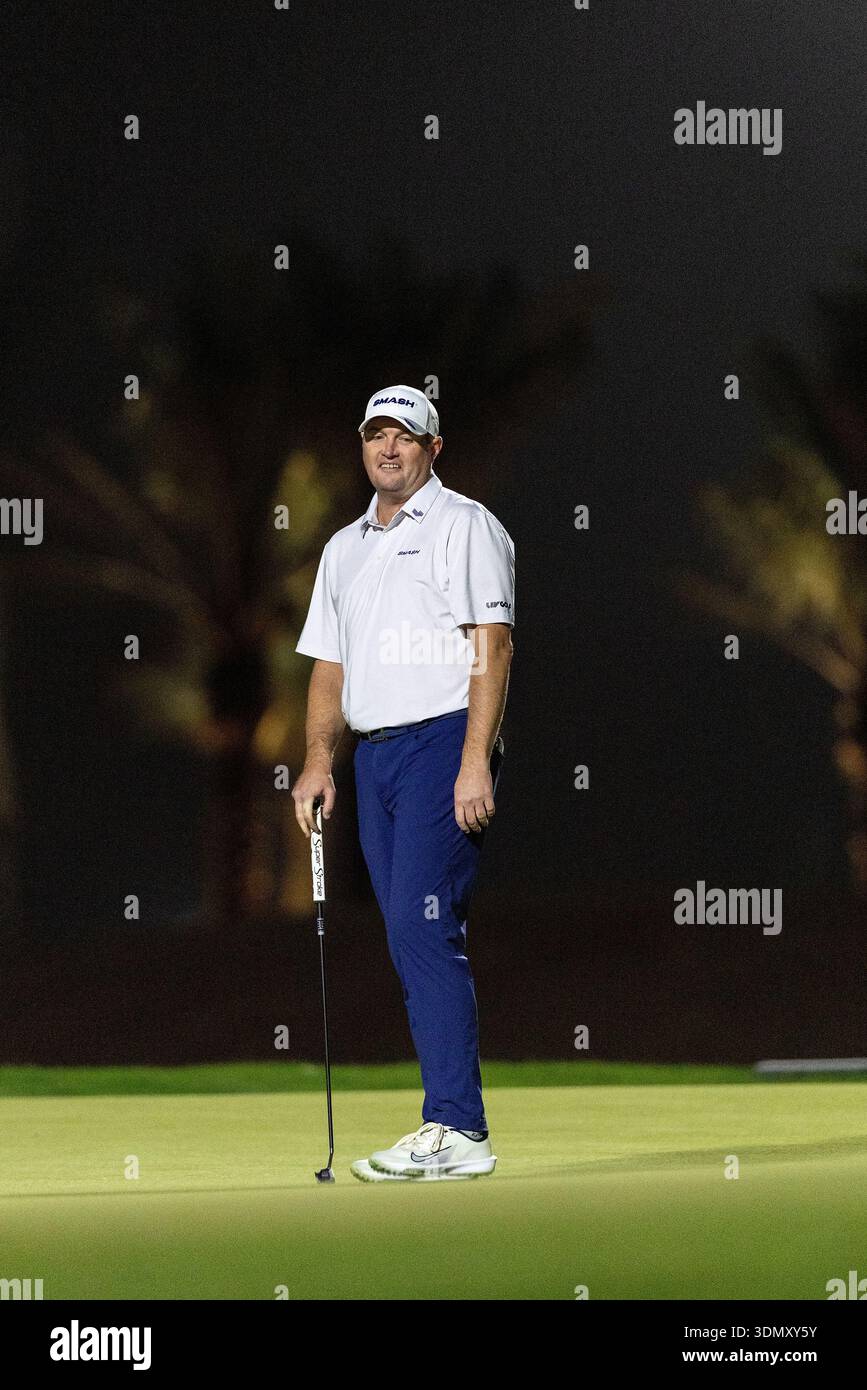 Jason Kokrak of Smash GC reacts to his putt on the 13th green during ...