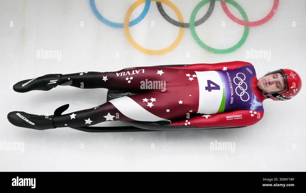 Latvia's Gints Berzins slides down the track during a men's single luge ...