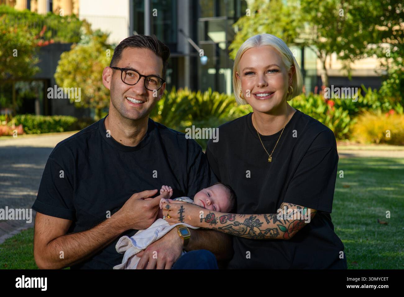 Georgie Purcell and Josh Burns pose with their daughter Lilah for a ...