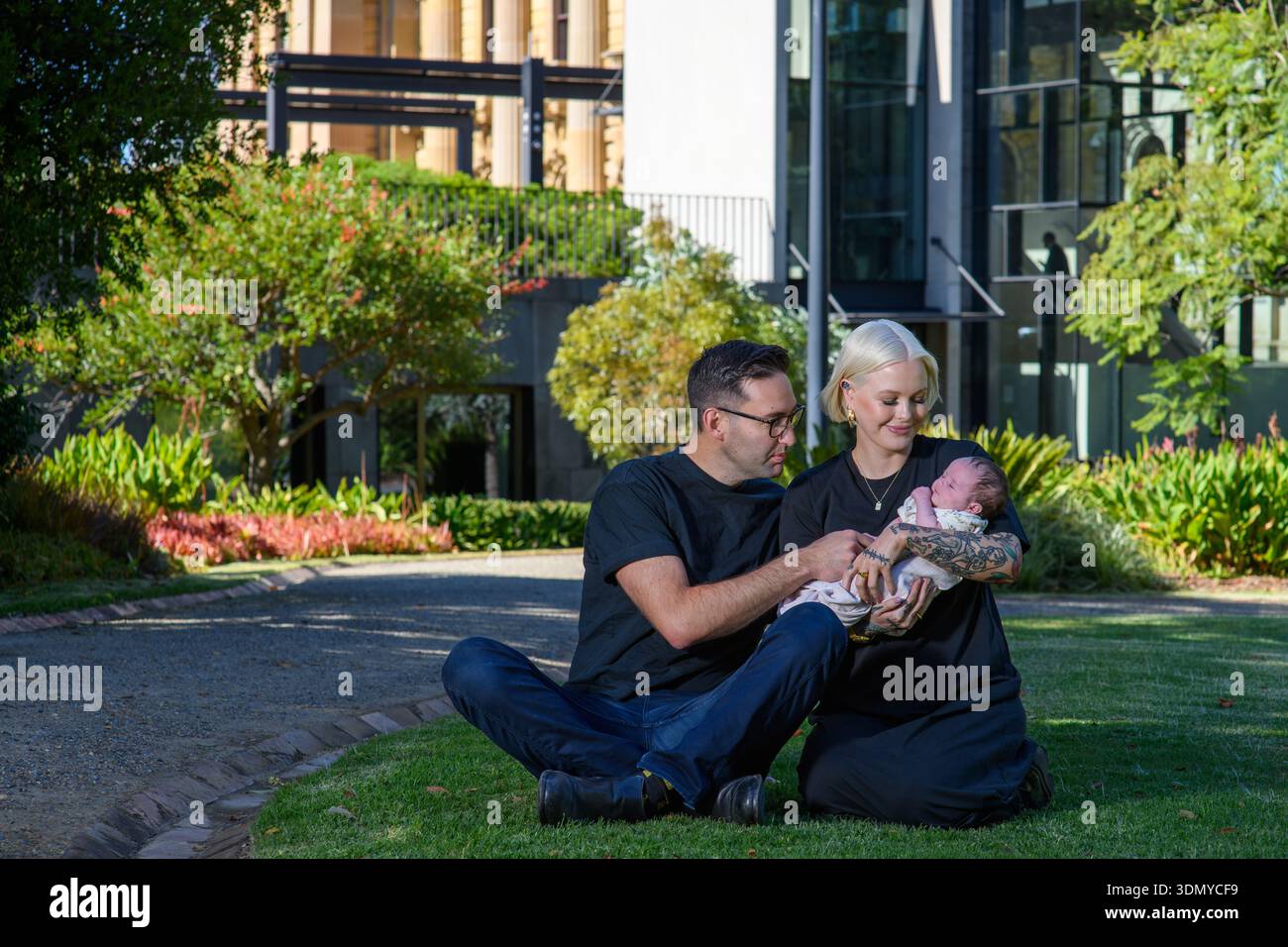 Georgie Purcell and Josh Burns pose with their daughter Lilah for a ...