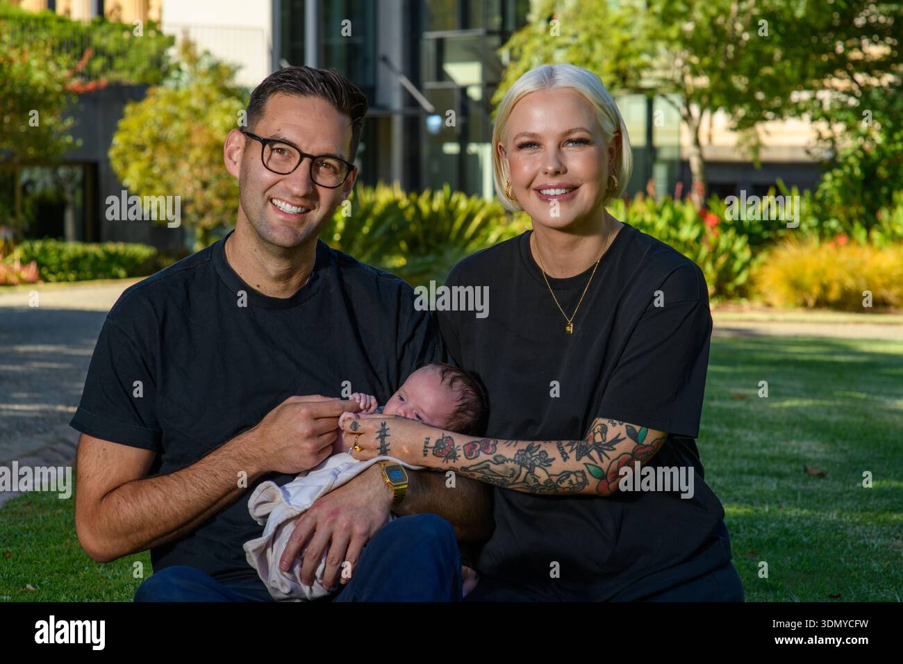 Georgie Purcell and Josh Burns pose with their daughter Lilah for a ...