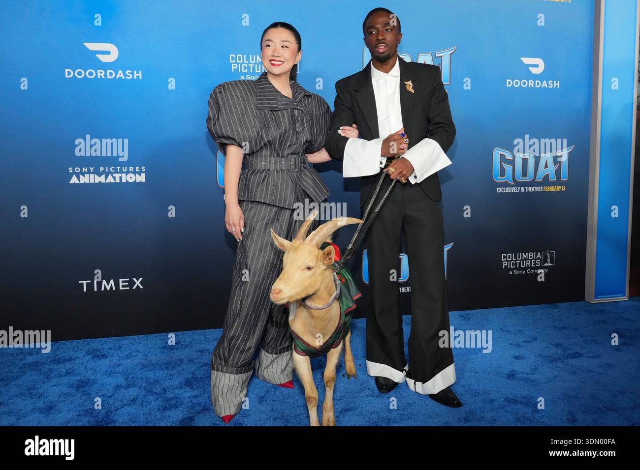 Sherry Cola, left, and Caleb McLaughlin arrive at the premiere of "GOAT ...