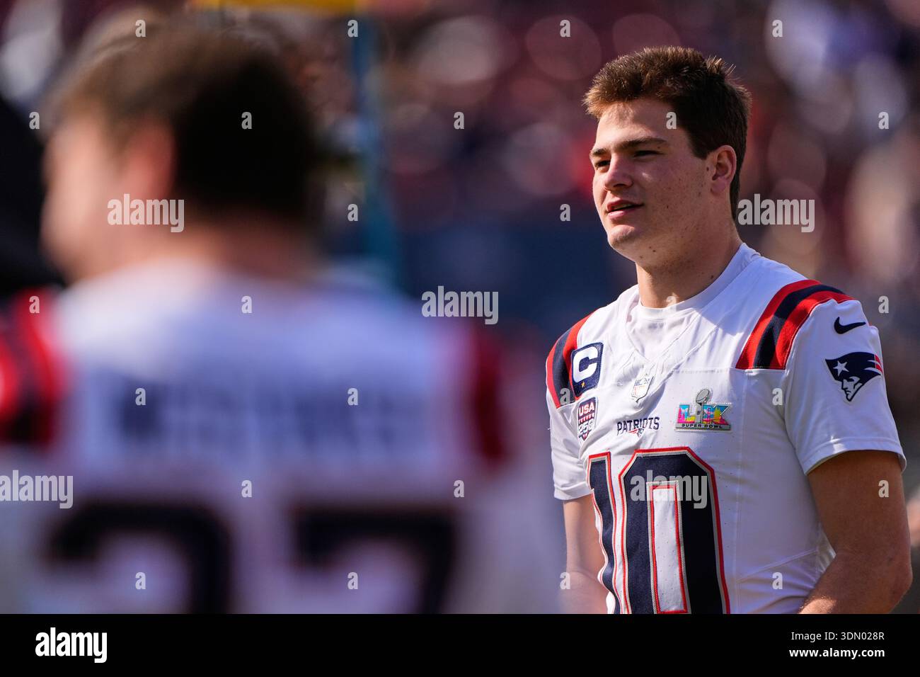 New England Patriots quarterback Drake Maye waits to be in a group ...