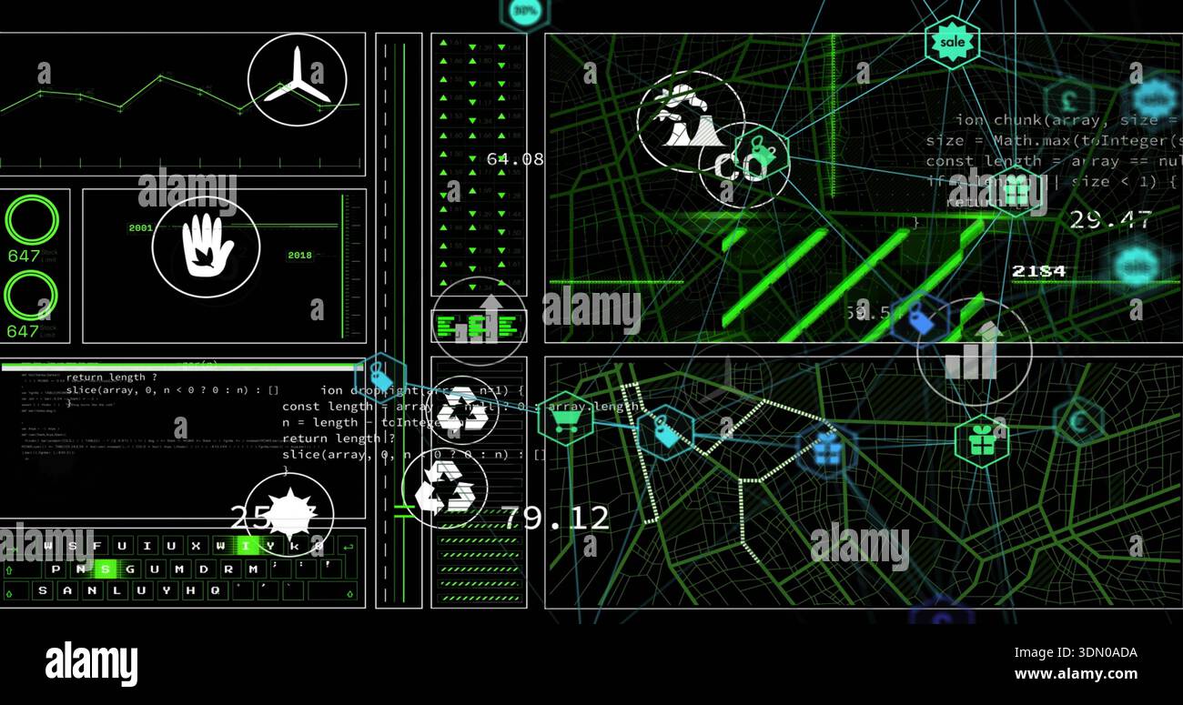 Displaying wireframe map panels on dark UI, showing node markers, gift ...