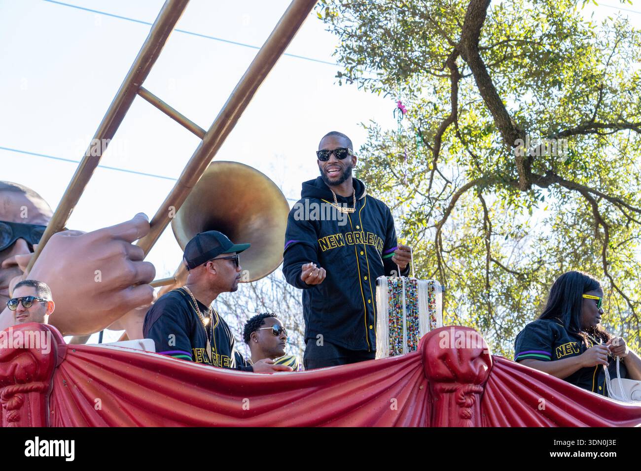 Trombone Shorty on his float attends the annual Krewe of Freret parade ...