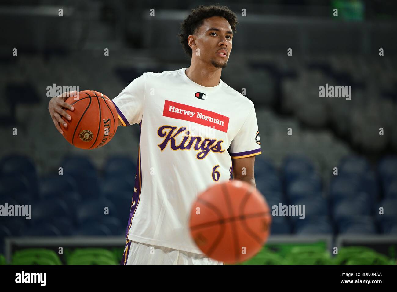 Jaylin Galloway of the Kings warms up ahead of the NBL Round 20 match ...