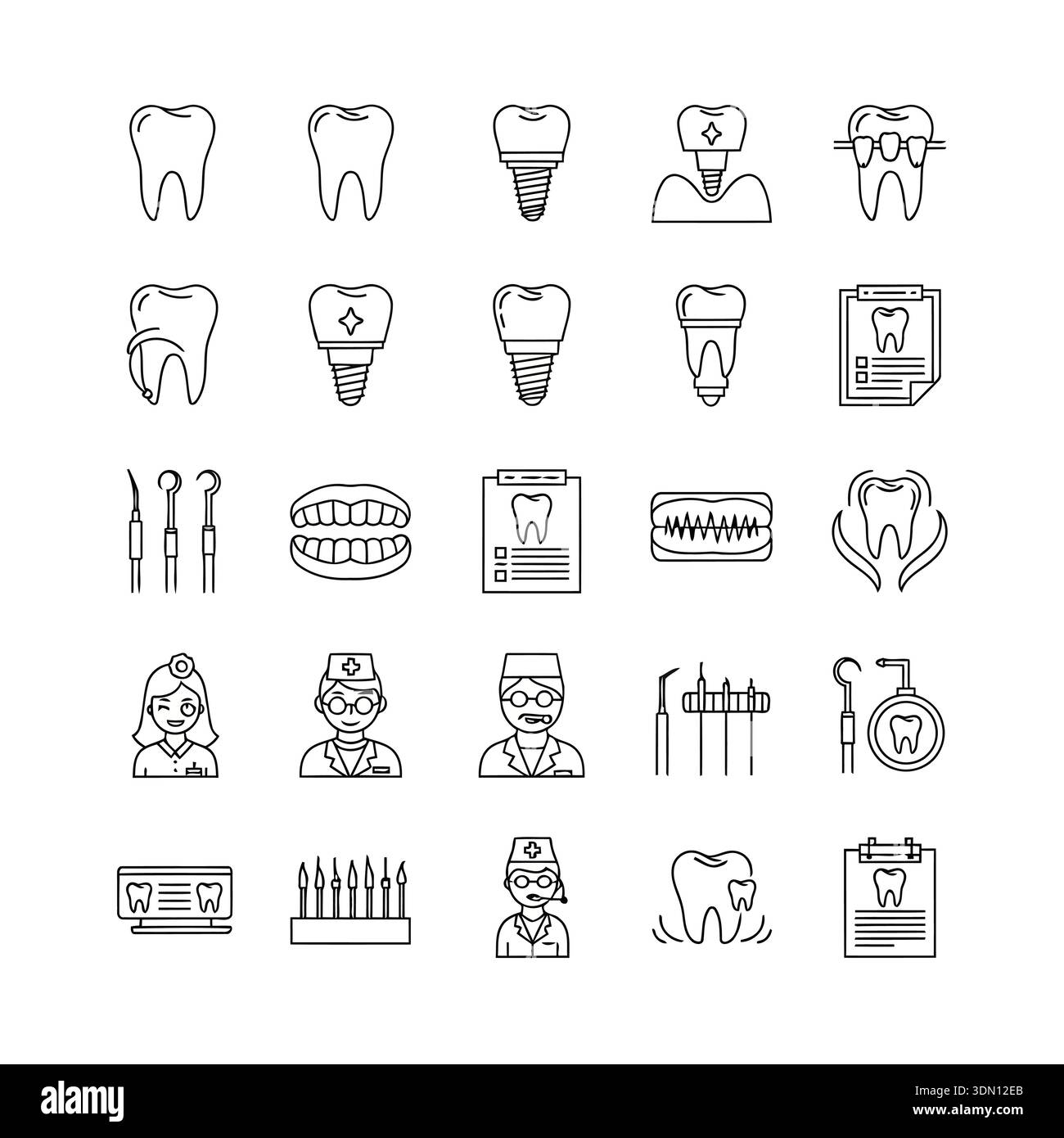 This dental care icon set features linear vector illustrations of teeth ...