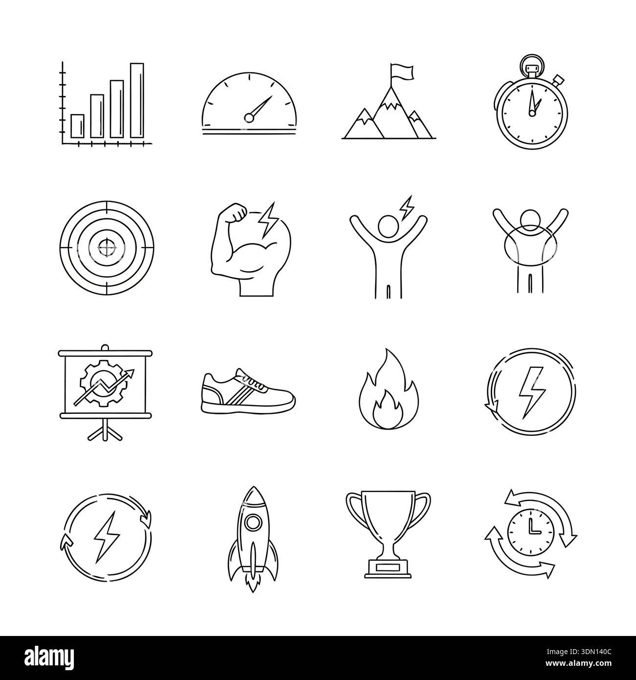 A set of motivational icons featuring a progress chart, speedometer ...