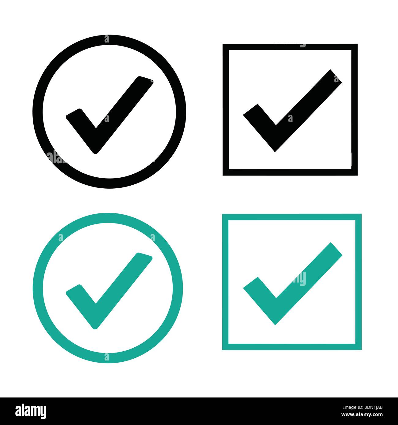 A set of check mark symbols in circles and squares, available in black ...