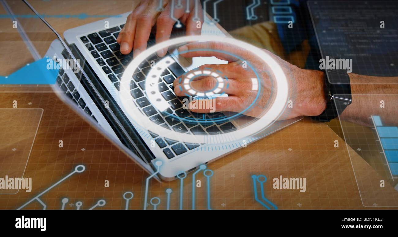 Typing adult hands using silver laptop on wooden desk, wearing ...