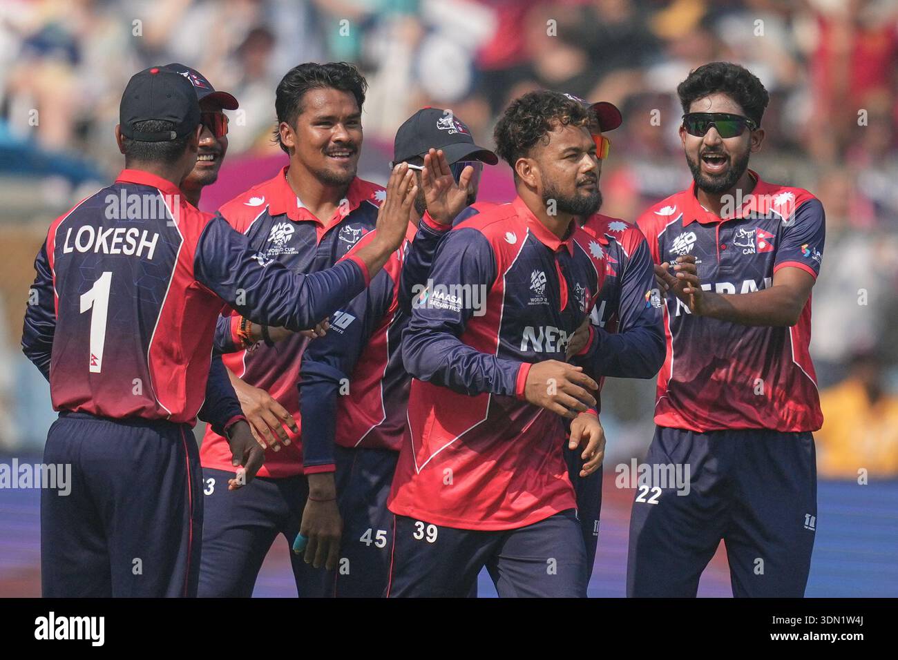 Nepal's Sher Malla, second right, celebrates with teammates the wicket ...
