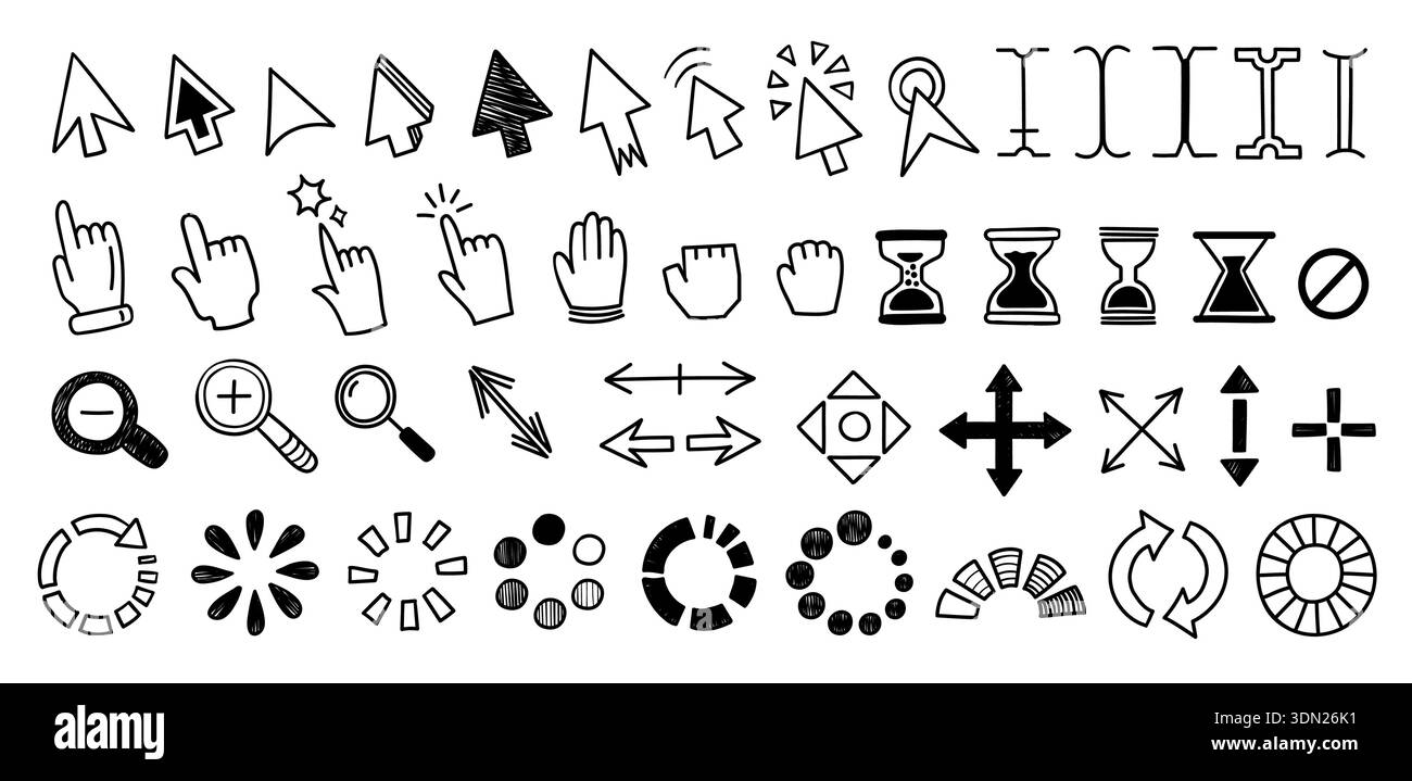 Cursor and pointer doodle icons. Line arrows and hand symbols for web ...