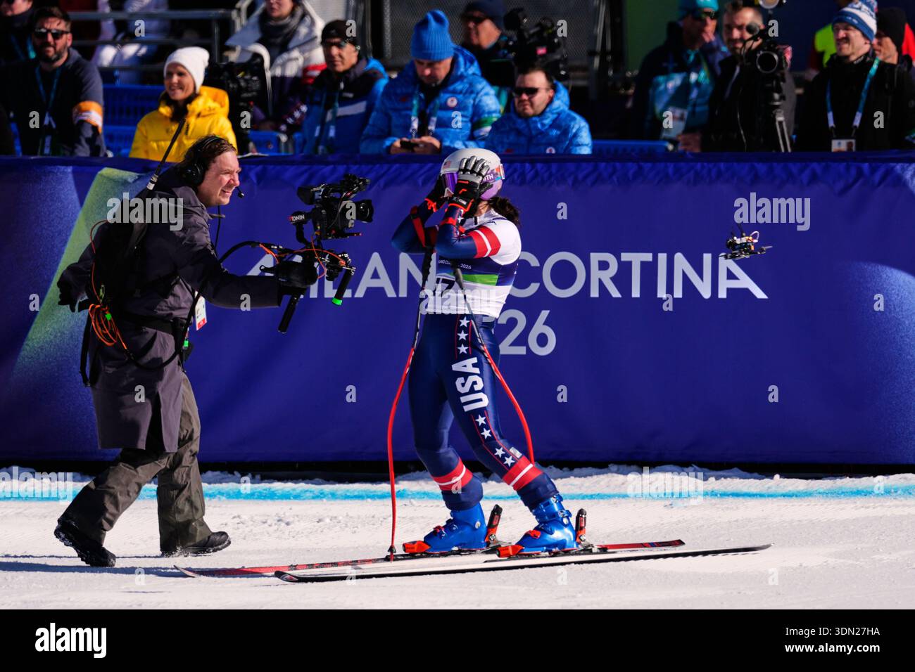 United States' Jacqueline Wiles reacts as a drone flies beside her in ...