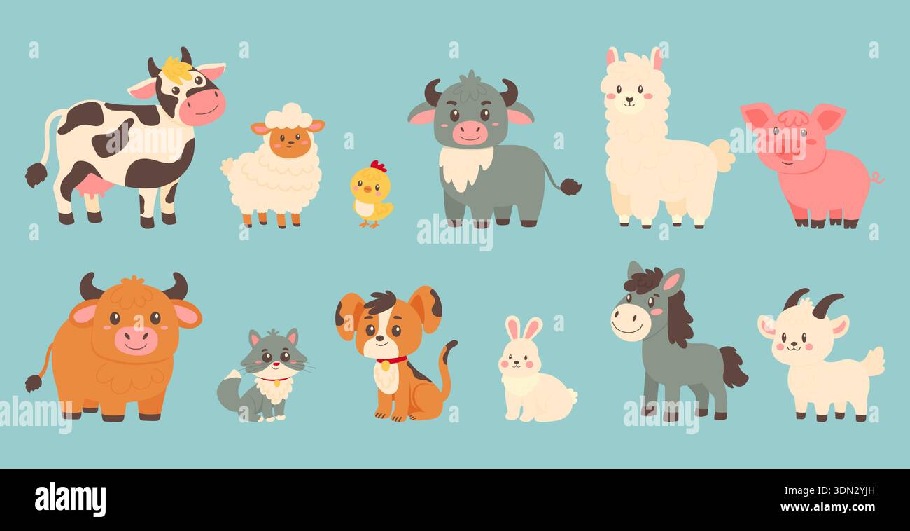 farm animals bundle with cow pig sheep chicken dog and cat vector ...