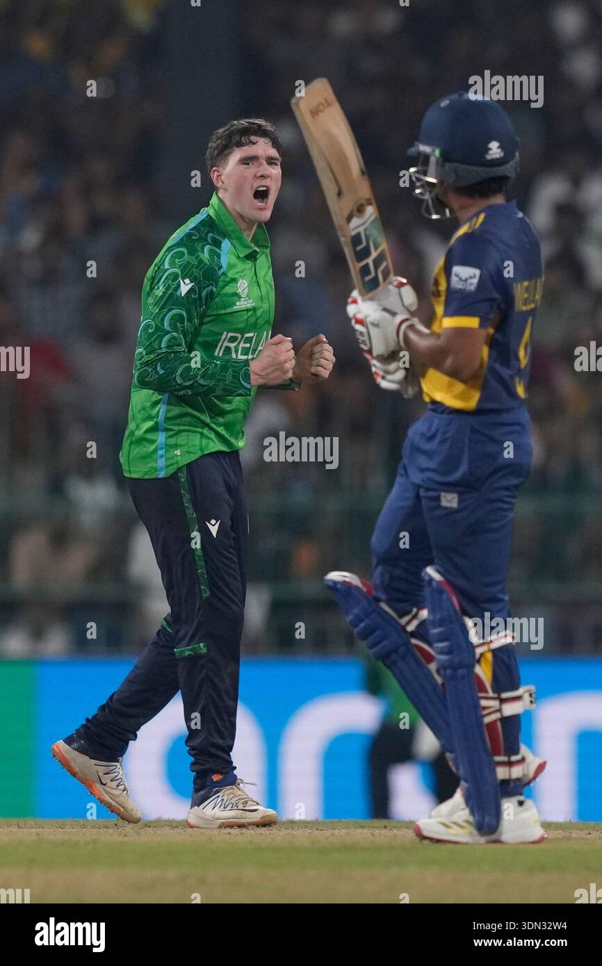Ireland's Gareth Delany, left, celebrates the wicket of Sri Lanka's ...