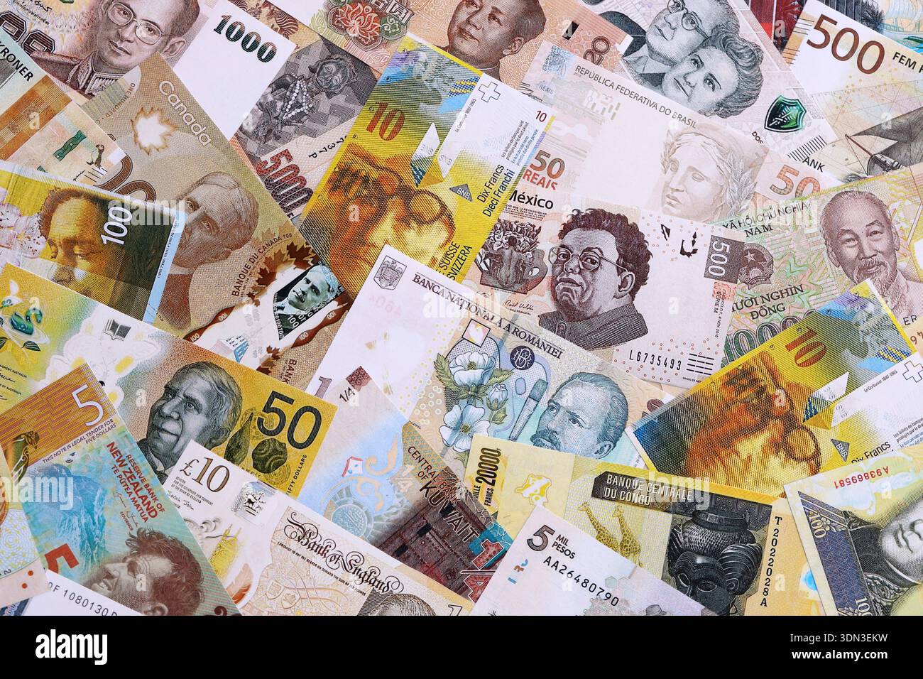 Various currencies money bills banknotes in yellow and orange color ...