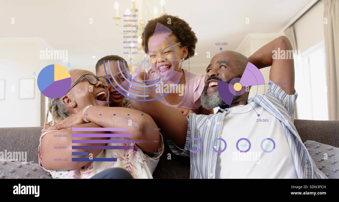 Laughing family of four leaning on sofa in living room, girl in pink ...