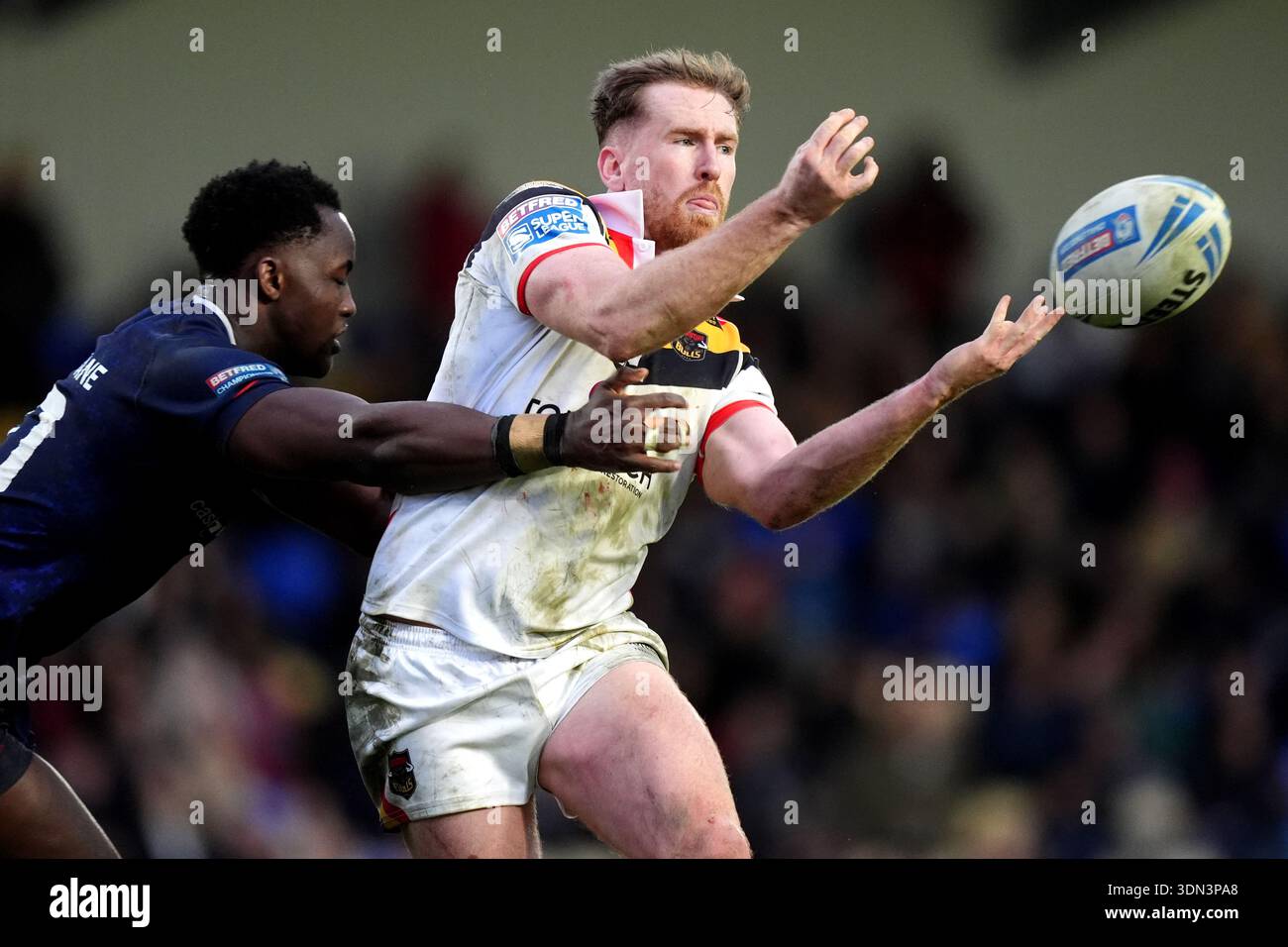 Bradford Bulls' Rowan Milnes (right) is tackled by London Broncos ...
