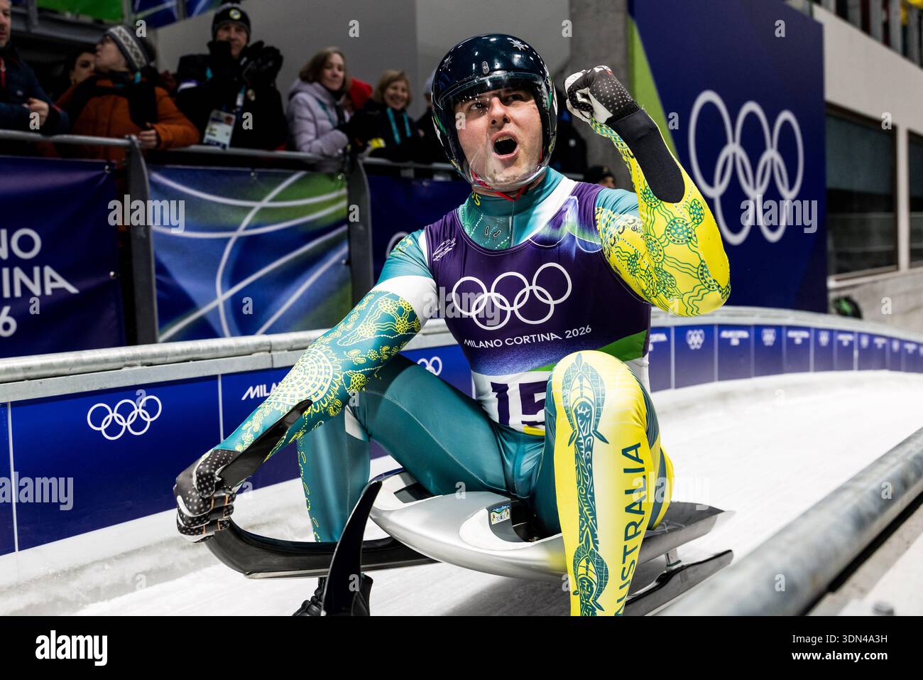CORTINA, ITALY - FEBRUARY 8: Alexander Ferlazzo (Australia) cheers ...