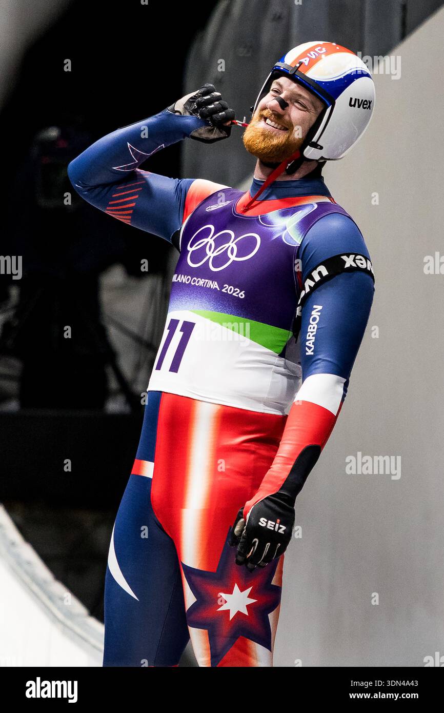 CORTINA, ITALY - FEBRUARY 8: Jonathan Gustafson (USA) during the Luge ...