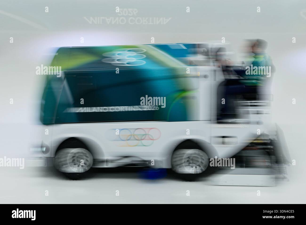 Zamboni driver cleans the ice before a preliminary round match of women ...