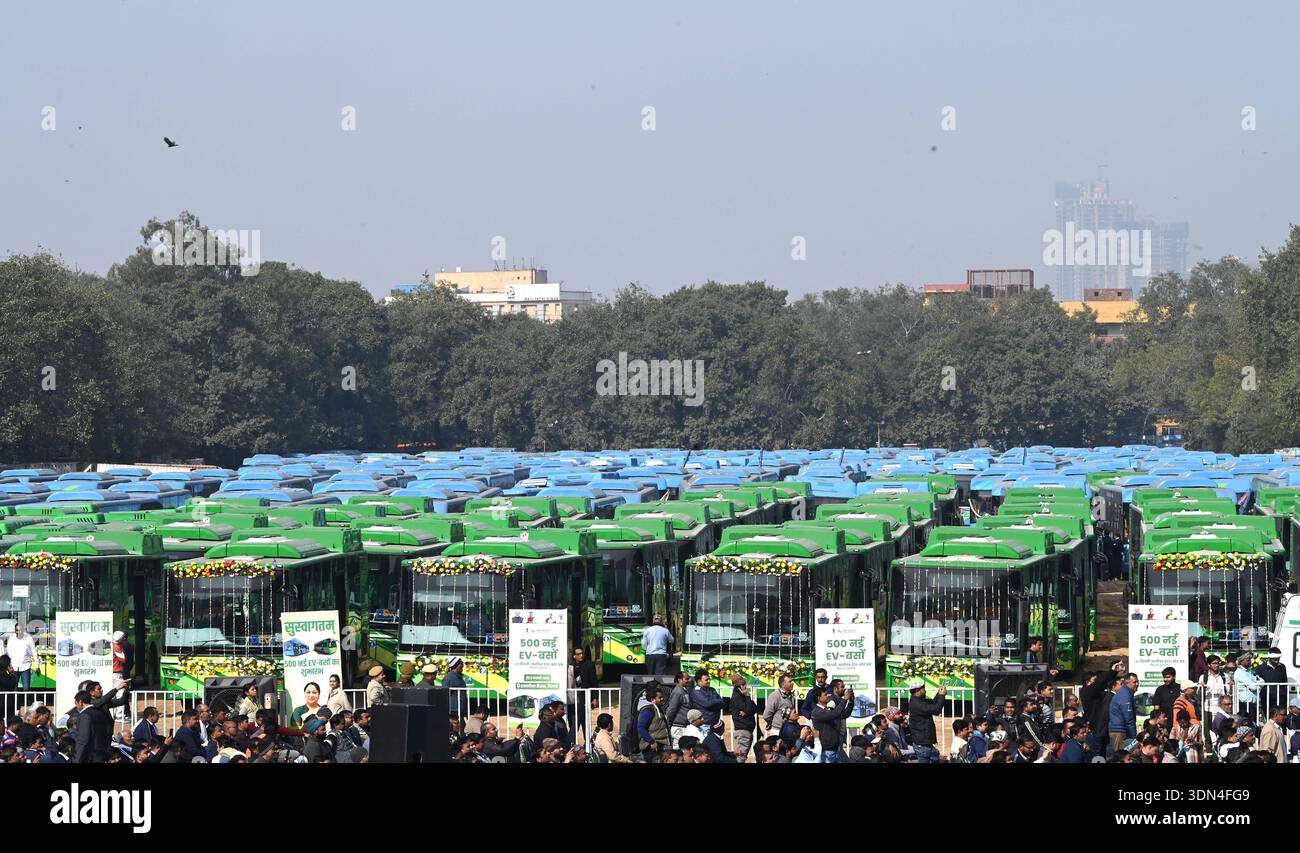 NEW DELHI, INDIA - FEBRUARY 8: EV Buses parked at an event where Delhi ...