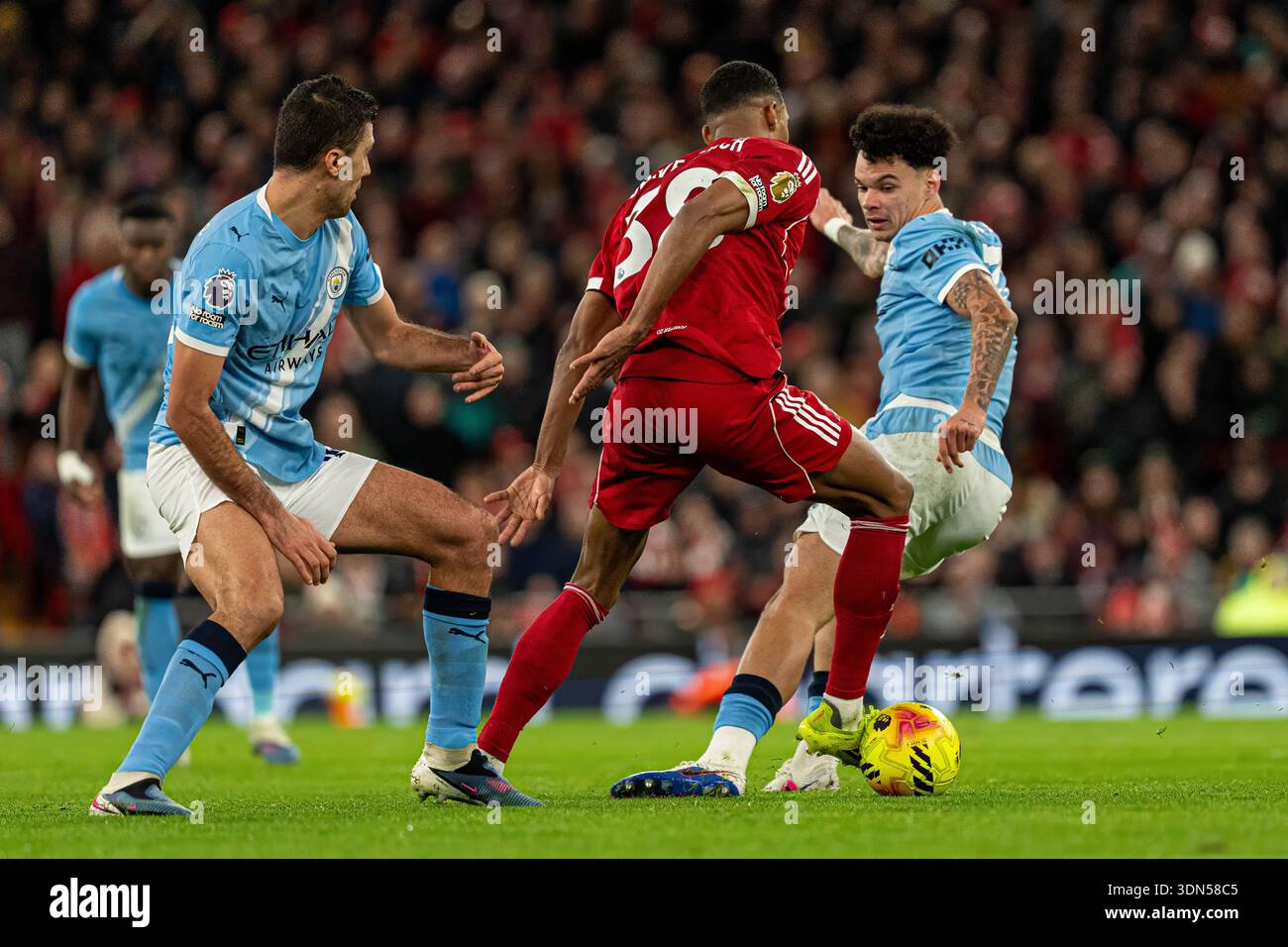 Ryan Gravenberch of Liverpool takes on Manchester City's Nico O'Reilly ...
