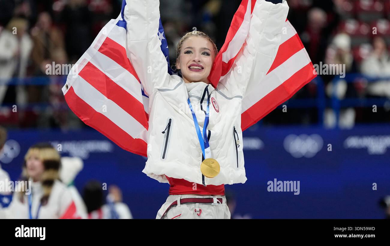 Team USA's Amber Glenn celebrates with her gold medal after the figure ...