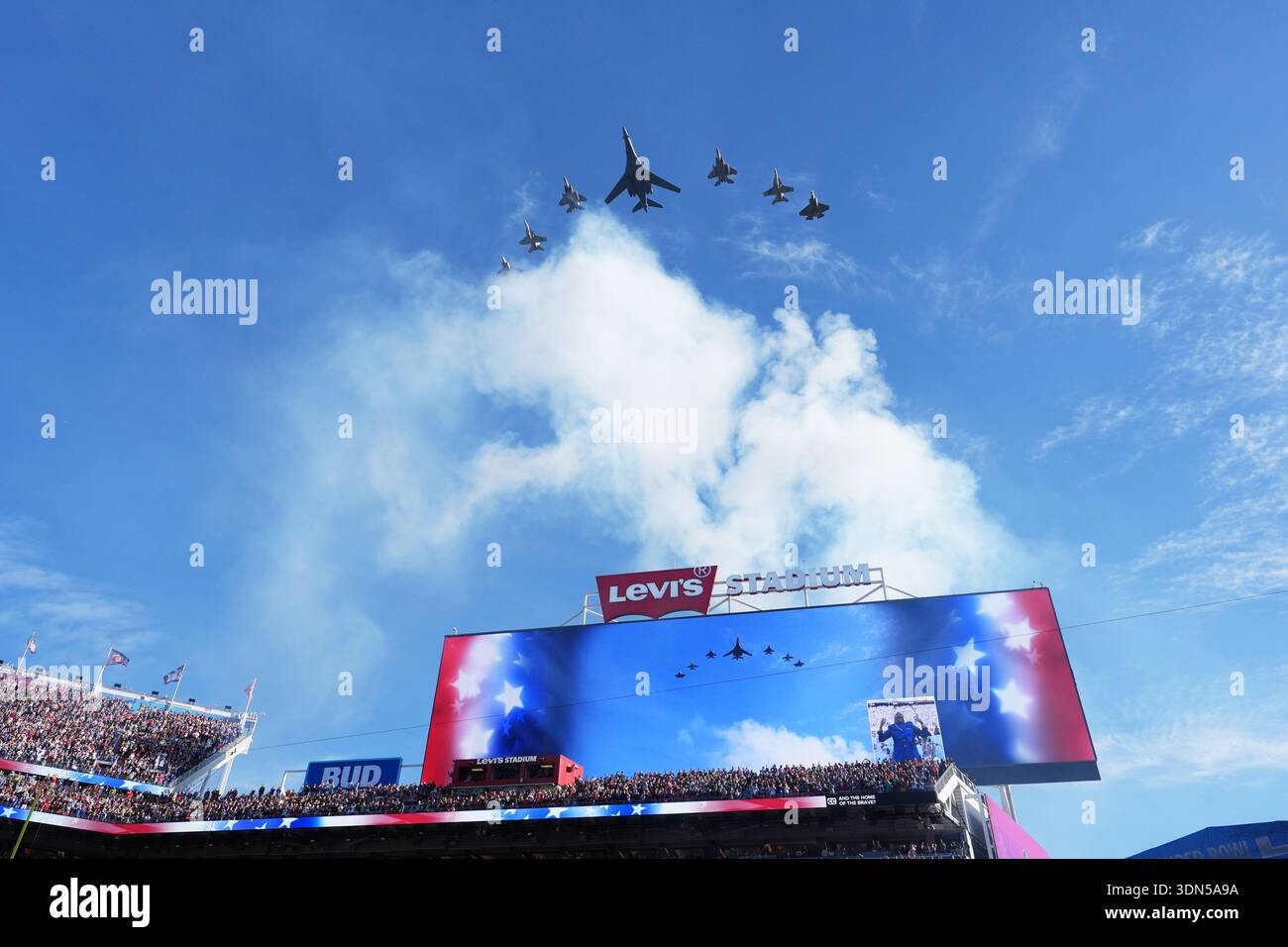 Military jets fly over Levi's Stadium before the NFL Super Bowl 60 ...