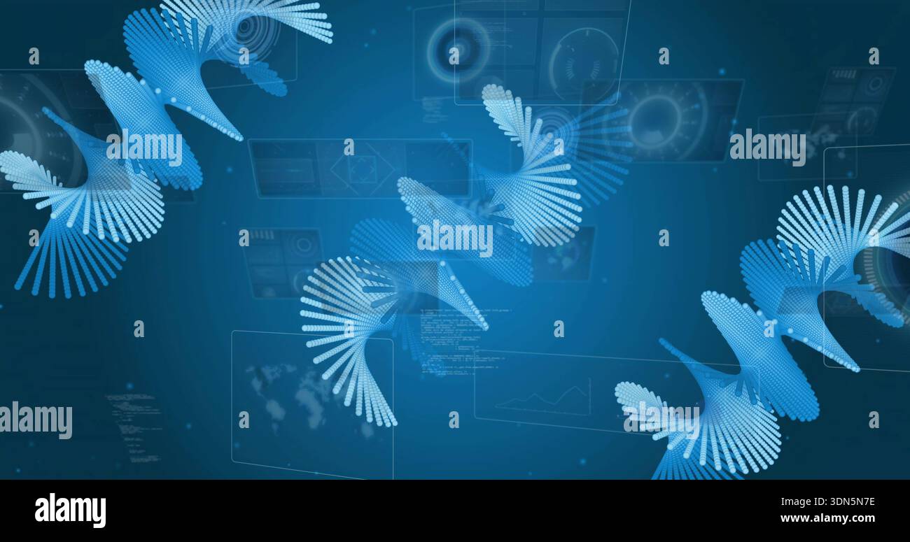Floating stylized blue spiral ribbons rotating across virtual data ...