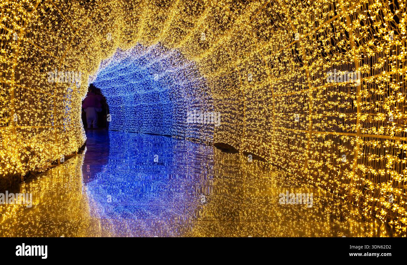Light tunnel installation. Thousands of yellow and blue LED lights form ...