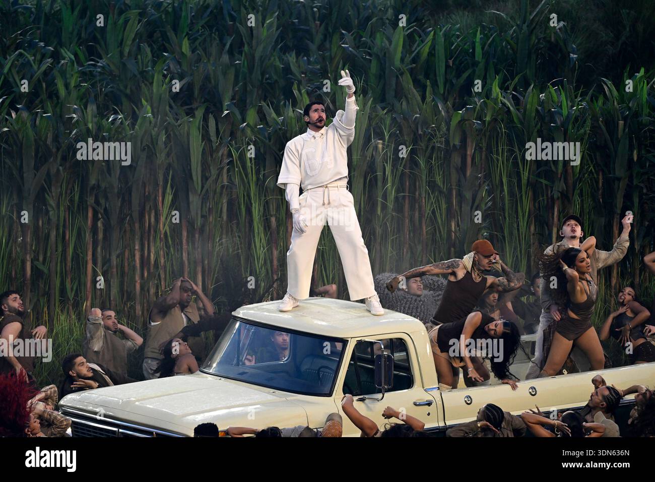 Bad Bunny performs during the Apple Music Half Time Show of Super Bowl ...