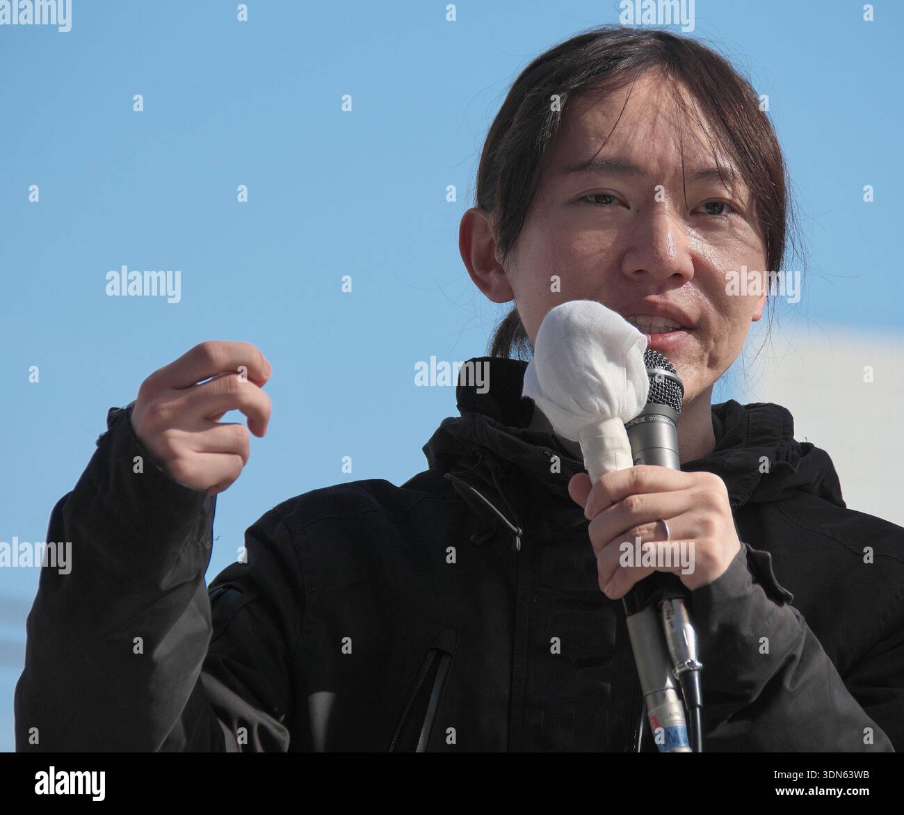 Takahiro Anno, leader of Team Mirai delivers a speech during the ...
